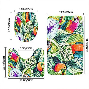 AOYEGO Watercolor Parrots Bathroom Rugs Set of 3 Exotic Tropical Leaves Jungle Macaw Bird Rainbow Leaf Non Slip 31.5X19.7 Inch Soft Absorbent Polyester for Tub Shower Toilet