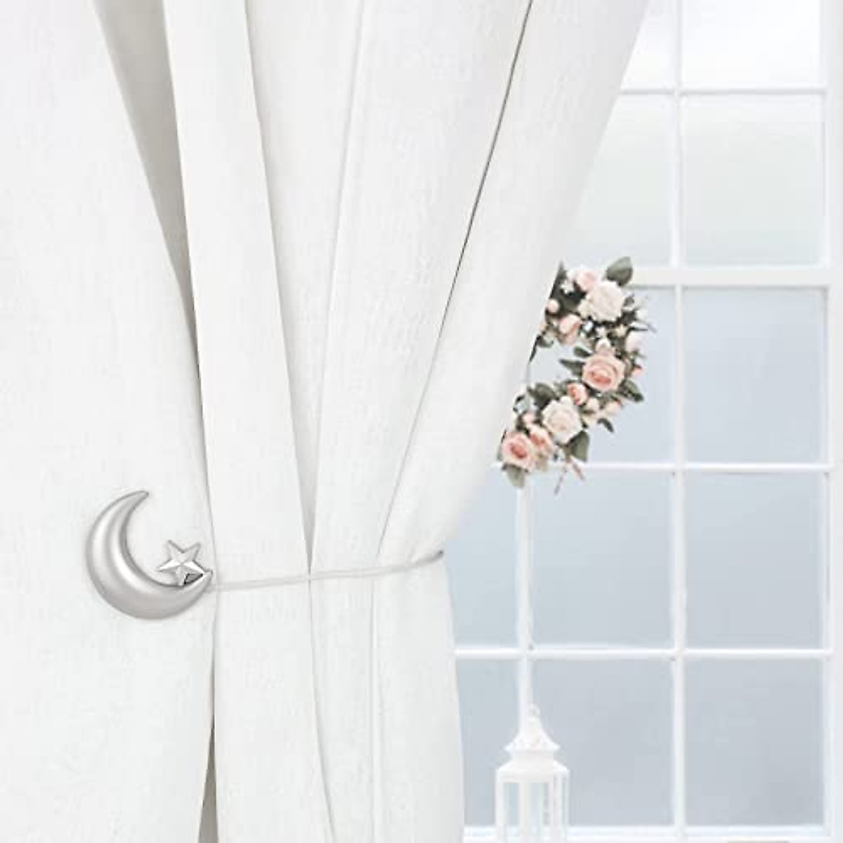 canjuxk 2 Pack Curtain Tiebacks，Magnetic Curtain Tiebacks,Star Moon Curtain Decorative Weave Rope Curtain Holdbacks Holder for Window Decor, Curtain Clips Rope Straps Magnet for Home Office (Silver)