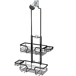 Skyapex Hanging Shower Caddy Over Showerhead, Extended Long Adjustable Bathroom Shower Organizer Hanging with 2 Soap Holders and 12 Hooks, Rustproof Large Capacity Shower Rack, Stainless Steel, Black