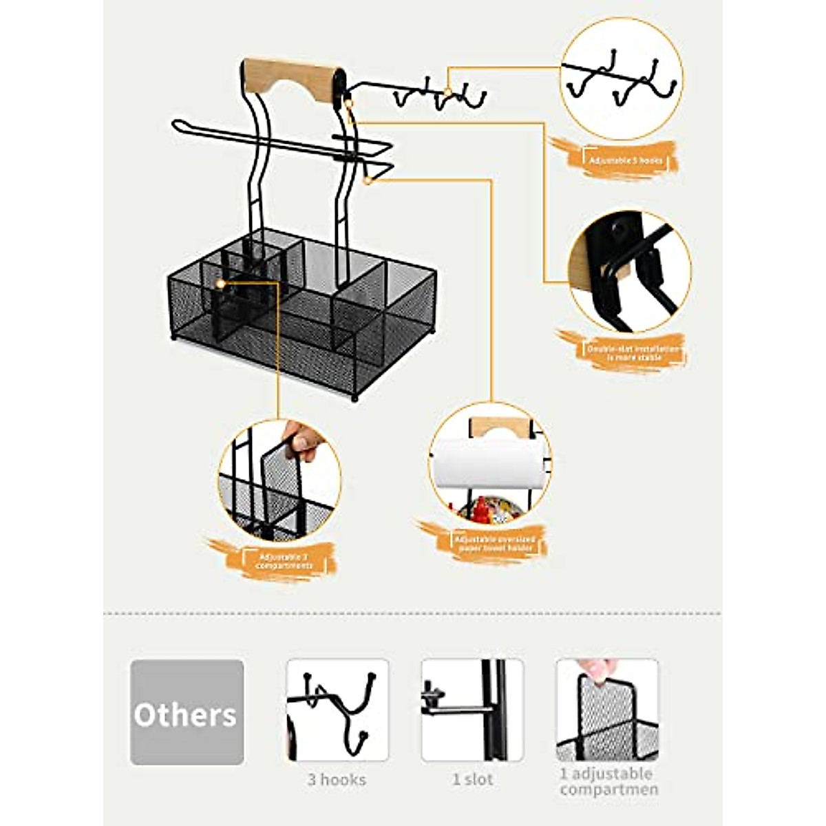 Large Grill Utensil Caddy, HYKTON Picnic Camping BBQ Organizer for Camping Outdoor Mesh Basket with 5 Hanging Hooks and Paper Towel Holder, Ideal Table Storage Tools for RV Camper/Tailgating/Flatware