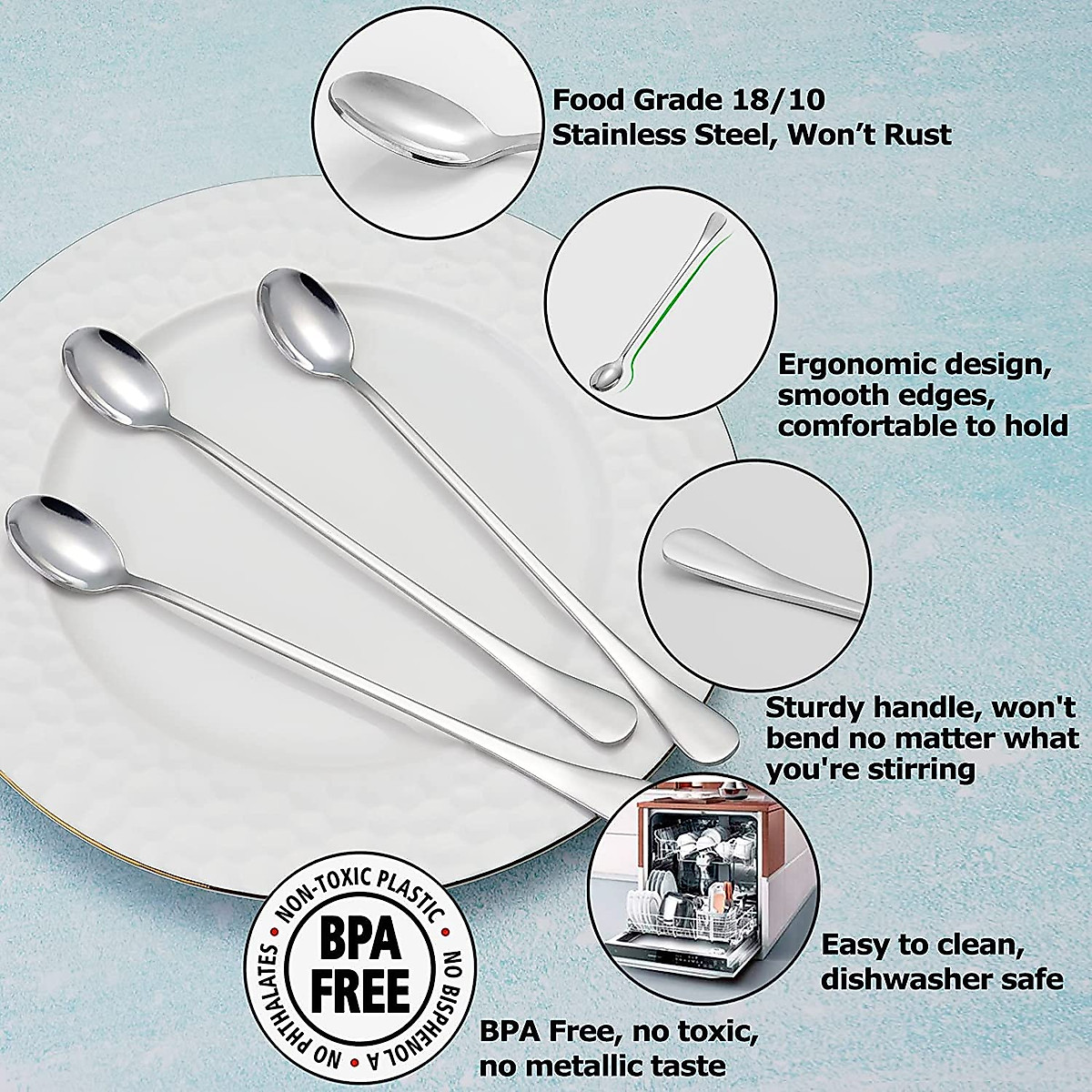 8 Pack Cocktail Spoon Long Handle 9-Inch Ice Tea Spoons Stainless Steel Coffee Ice Cream Stirring Spoon Mixing Spoons