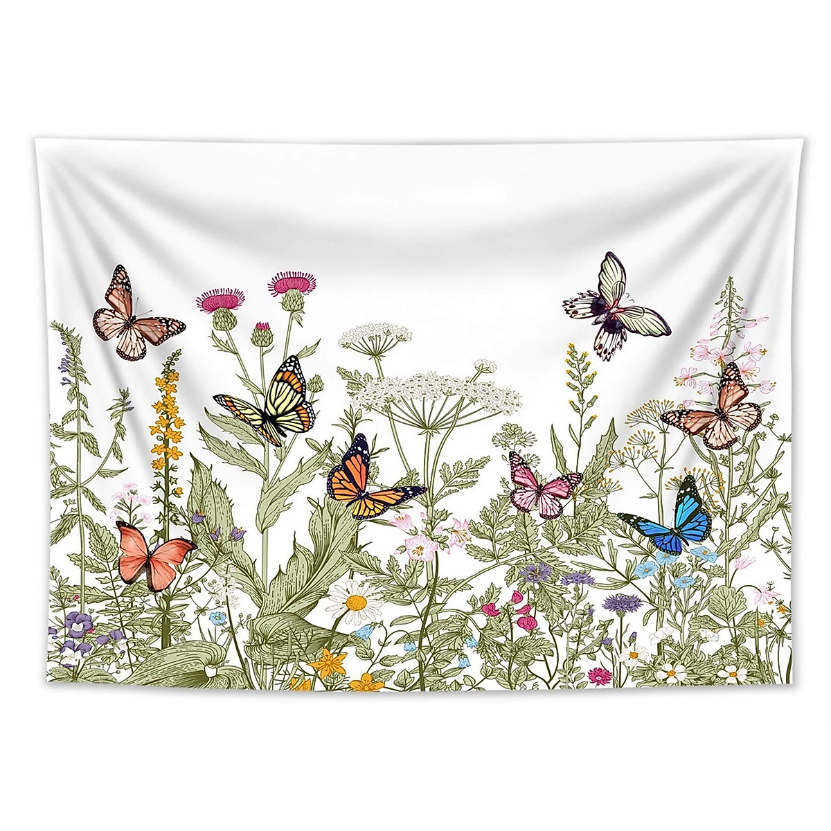 HVEST Leaf Butterfly Tapestry Wall Hanging, Sage Green Leaves and Flowers with Butterflies Wall Hanging Tapestry Spring Plant Tapestry for Bedroom Living Room Wall Decor, 60x40 Inches