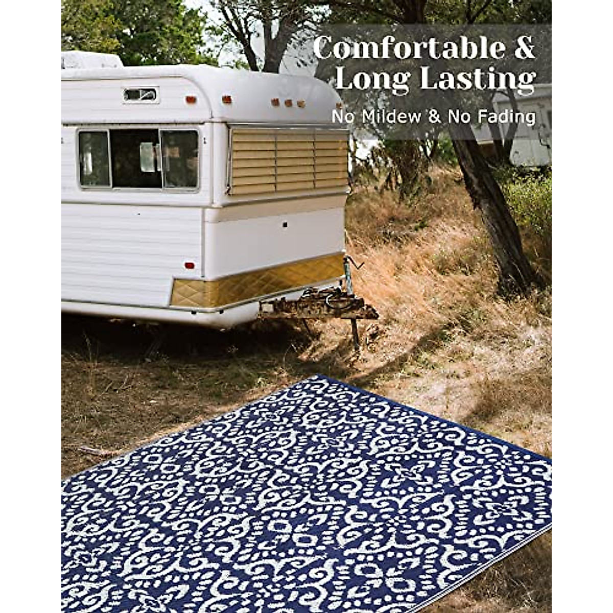 HOMEIDEAS Outdoor Rug, Waterproof Patio Plastic Straw Rugs, RV Reversible Camping Mat, Portable Area Rugs for Outdoors, Camping, Picnic, Beach, Backyard, Deck, Trailer, Navy Blue & White, 5' x 8'
