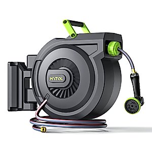 MYTOL Retractable Garden Hose Reel, 5/8 Inch x 82 ft + 6 ft Wall Mounted Water Hose Reel with Auto Slow Rewind System, 10-Pattern Nozzle, Any Length Lock, 180° Swivel Bracket, Ideal for Easy Watering