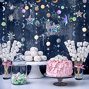 7 Pcs Iridescent Moon Star Garland Streamer, Bling Bling 3D Twinkle Little Stars Hanging Decor Backdrop for Baby Shower Birthday Graduation Eid Mubarak Party Decoration