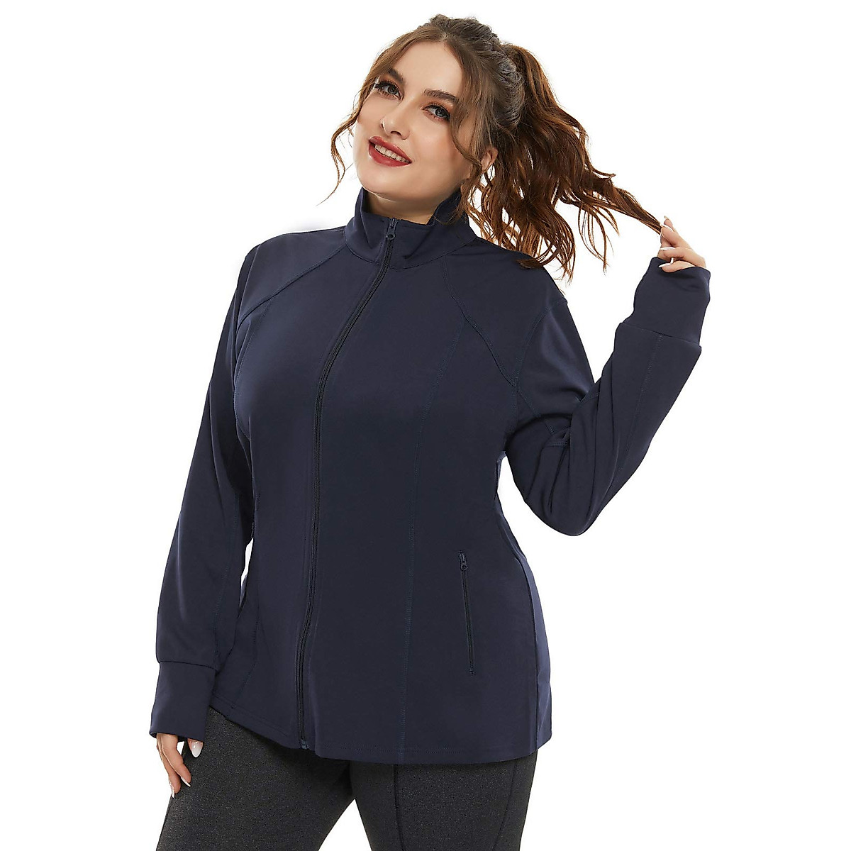 Hanna Nikole Womens Plus Size Active Full Zip Long Sleeve Jacket with Front Pockets Navy 24W