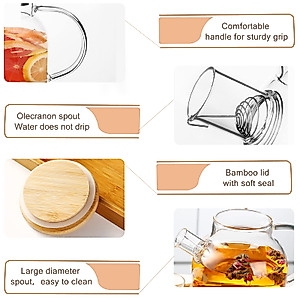 Glass Pitcher with Bamboo Lid, Glass Teapot Stovetop & Microwave Safe, Glass Borosilicate Teapot with Removable Filter Spout, 34oz/1000ml, Teapot for Loose Leaf and Blooming Tea and Fruit Tea