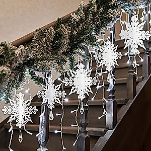 White Christmas Snowflake Ornaments - 8Pcs Plastic 3D Glitter White Snowflake Ornaments with Crystal Pendant and Hook for Christmas Tree Decorations Winter Wonderland Frozen Birthday Party Supplies