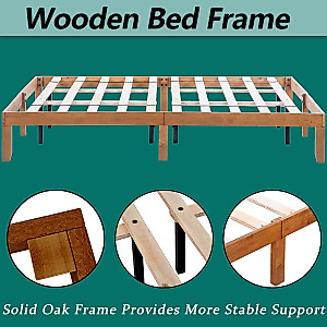 Anwick Queen Size Wood Platform Bed Frame, Classic 12 Inch High Wooden Bed with 8 Oak Legs and 6 Metal Legs,No Box Spring Needed,Easy Assembly (Queen)