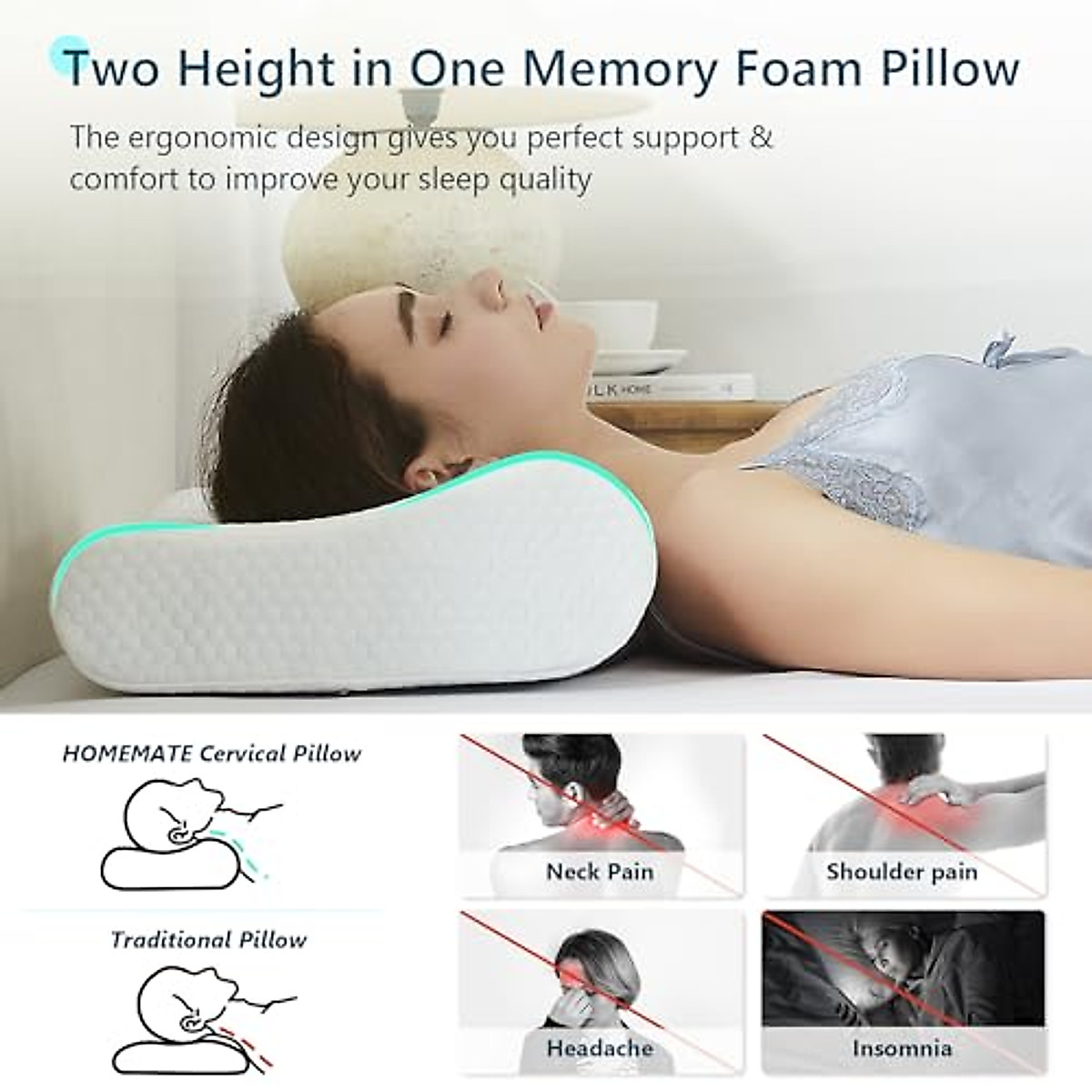 Homemate Neck Pillow Memory Foam Pillows - Ergonomic Pillow for Neck Shoulder Pain Relief Bed Pillow for Sleeping Orthopedic Cervical Pillow Support for Side Back Stomach Sleeper-Queen Size