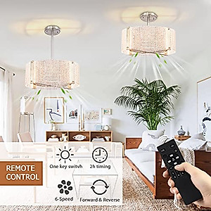 Zhizenl Ceiling Fans with Lights, Crystal Modern Flush Mount Ceiling Fan with Remote Control, Dimmable LED 6 Wind Speeds Low Profile Caged Ceiling Fan with Light for Bedroom Living Room