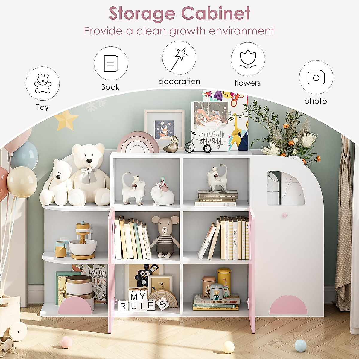 FACBOTALL Kids Bookshelf in The Shape of Truck, 3-Tier Toy Storage Organizer with Two Doors, Toddler Bookcase and Toy Storage for Living Room, Kindergarten, Playroom, Nursery, Pink and White