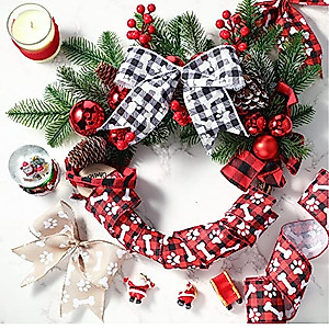 3 Rolls 19.5 Yards Paw Print Ribbon Dog Bone Ribbon Dog Paw Wrapping Ribbon Paw Print Wired Edge Ribbon Decorative Wrapping Ribbons for DIY Wrapping Craft（Beige, Red Black Plaid, White Black Plaid）