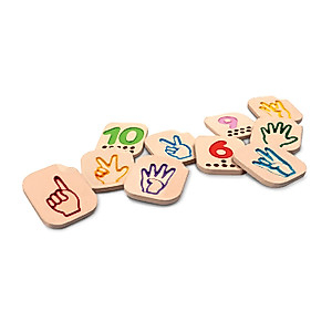 PlanToys Wooden Hand Sign Tiles With Numbers 1 - 10 To Help Learn Sign Language (5655) | Sustainably Made from Rubberwood and Non-Toxic Paints and Dyes | Eco-Friendly PlanWood