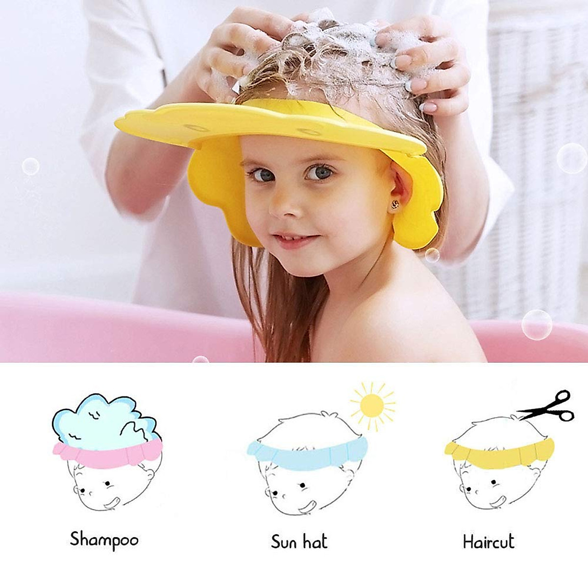 Baby Shower Cap Adjustable Silicone Shampoo Bath Cap Shower Hat Visor Cap Protect Eye Ear for Infants Toddlers Kids Children (Yellow)