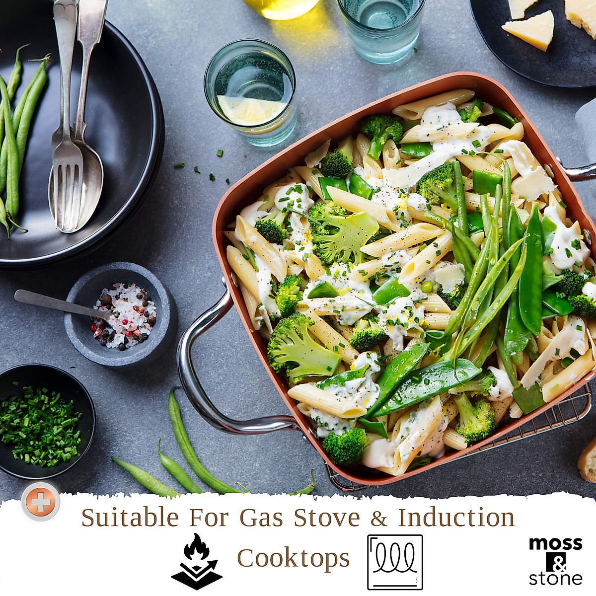 Moss & Stone 7 Pcs Copper Pots And Pans Set, Copper Chef Cookware Non Stick, Square Copper Pans for Cooking, Round Copper Pot & Fry Basket, Oven Safe 5 Quart Deep Frying Pan, Induction Cookware Set