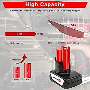 DTK 6.4Ah 12V M 12 Battery Replacement for Milwaukee M12 Battery 48-11-2410 48-11-2411 48-11-2420 48-11-2440 48-11-2460,Compatible with Milwaukee M12 Cordless Power Tools 2Pack Lithium Batteries