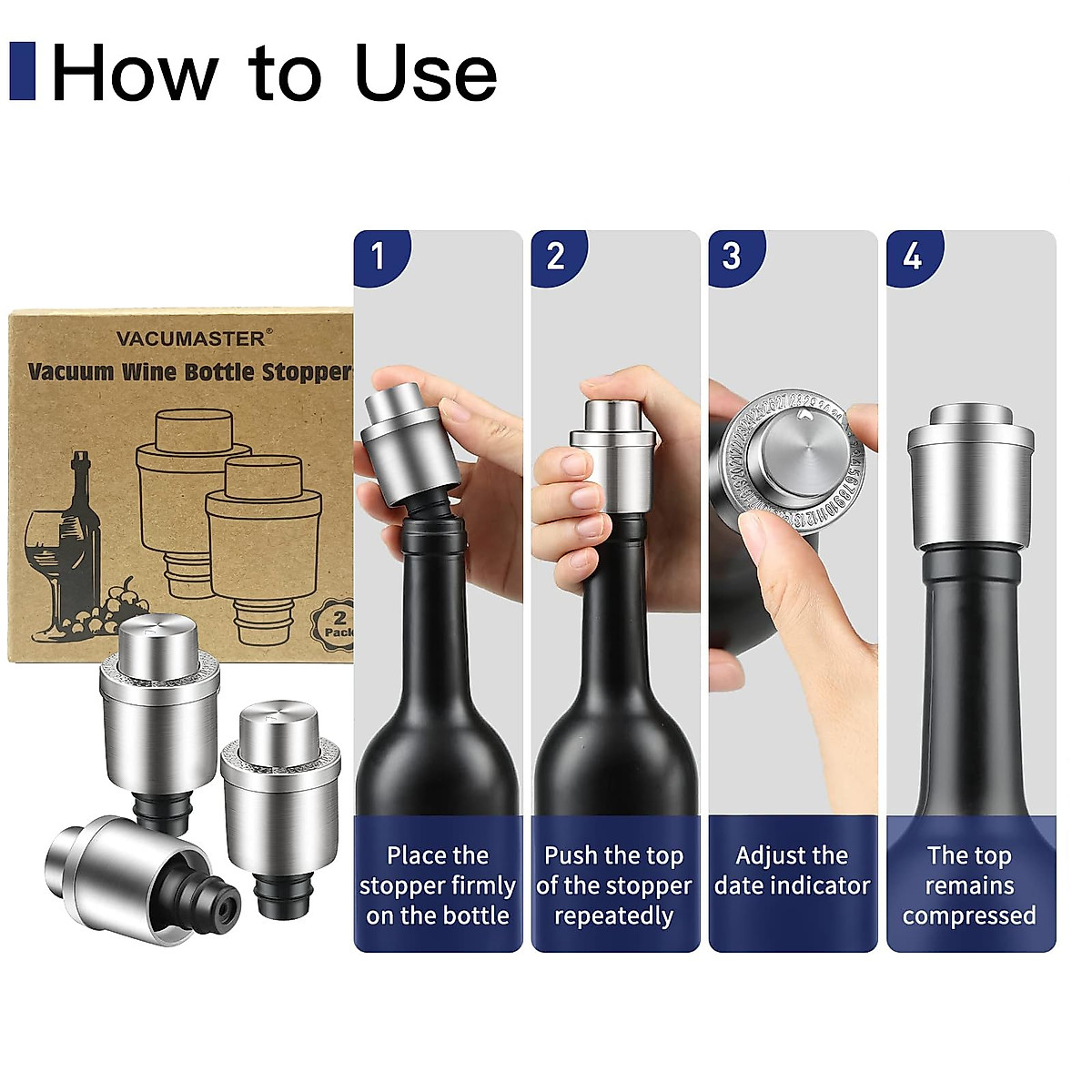 Vacuum Wine Bottle Stoppers, 2 pack, Vacuum Wine Saver, Vacuum Pump Corks, Freshness Keeper, Leak proof, Stainless Steel, Reusable, Best Gift Accessories, Vacumaster