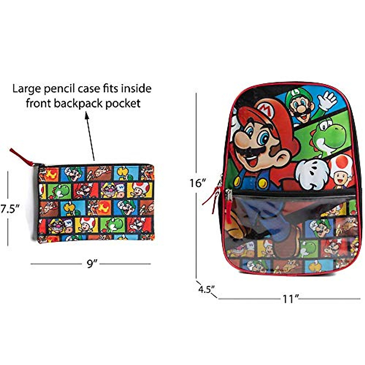 Super Mario Backpack with Lunch Box Set for Boys & Girls, 16 inch, 5 Piece Value Set