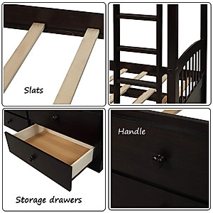 P PURLOVE Twin Over Twin Bunk Bed with Ladder, Wood Bunk Bed Frame with Wooden Slat Support, No Box Spring Needed (Espresso)