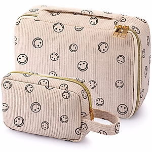 Sanwuta 2 Pcs Corduroy Cosmetic Bag Set Travel Toiletry Bag Smile Face Makeup Pouch Portable Cosmetic Pouch Smile Dots Bags Multifunction Organizer Washable Skincare Bag for Women, 2 sizes