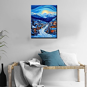 Dramatic Village Paint by Numbers Kits Winter Night Landscape in Countryside with House Acrylic Oil Painting for Adults Kids Full Moon Pictures Art Craft Farmhouse Decor Nordics Gift(Frameless)