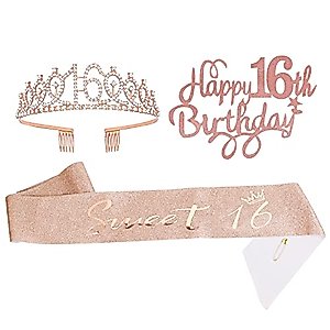 DASIGJID 16th Birthday Tiara & Sash for Girls, Rose Gold Happy Birthday Queen Princess Tiara with Combs for Girls, Queen Crystal Headbands for Hair Accessories,16th Birthday Decorations for Girls Prom