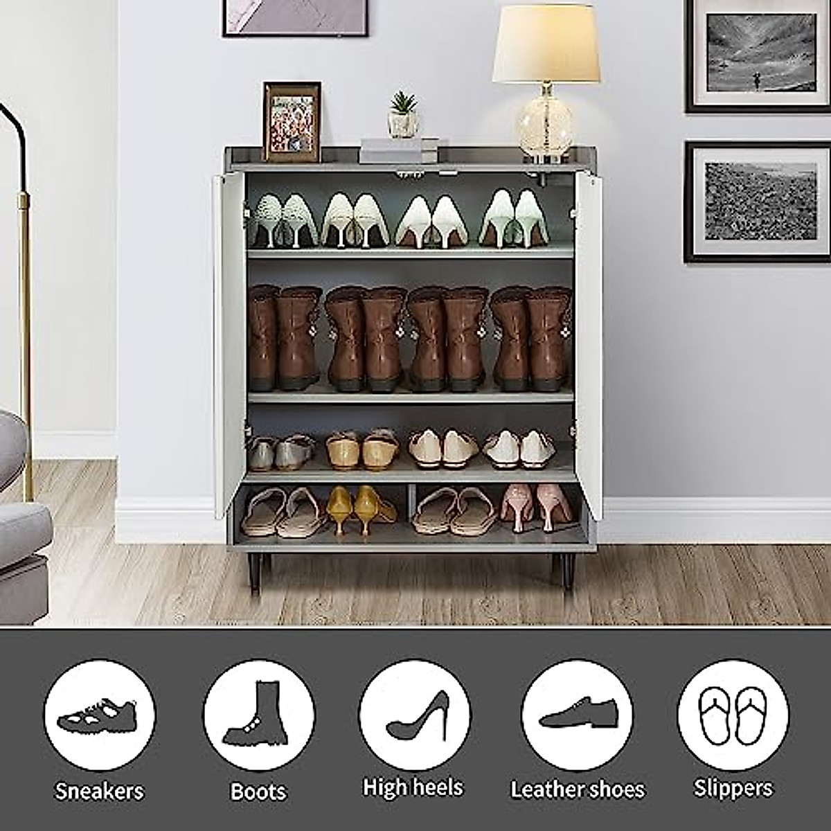 OLD CAPTAIN Shoe Storage Cabinet, 5-Tier Modern Entryway Organizer Cabinet with Door,Deodorisation and Automatic Lighting (White Rattan)