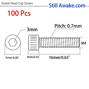 100 Pcs M4-0.7x16mm Stainless Steel Hex Socket Head Cap Screws Bolts Inner Hex Socket Bolt DIN 912