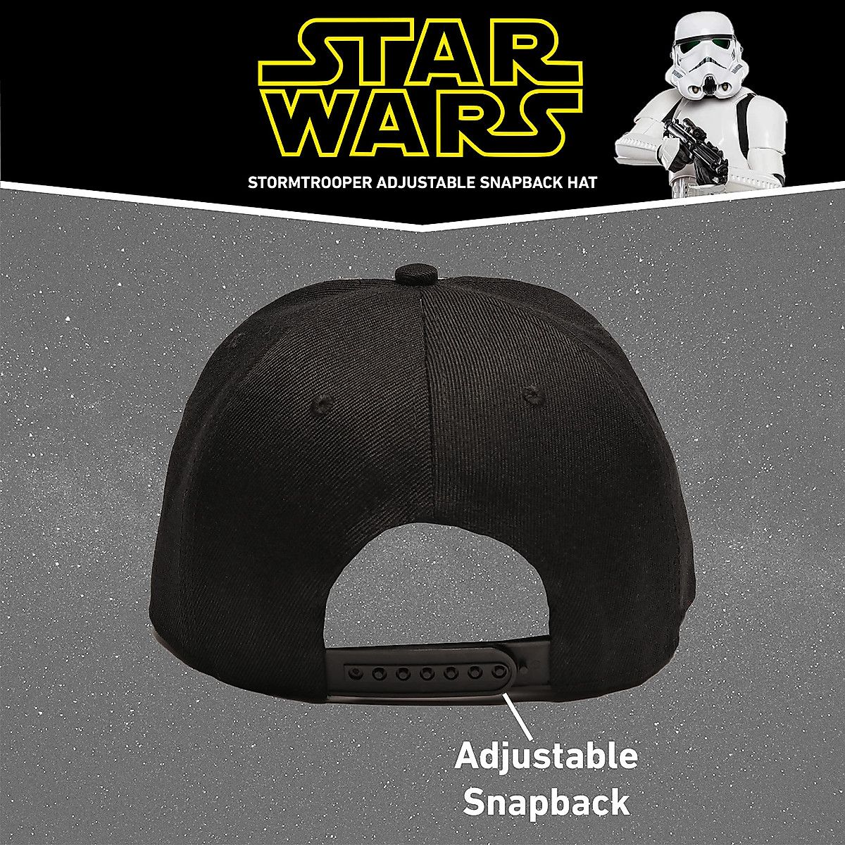 Disney mens Star Wars Embroidered Logo and Stormtrooper All Over Adjustable Snapback Baseball Hat with Flat Brim Black White One Size, Black, One Size US