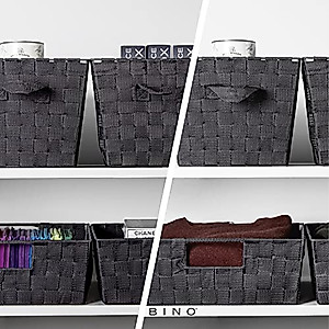 BINO 3 Pack Woven Strap Storage Basket Organizer - Shelf/Under Bed Organizers with Built-in Carry Handles, Dark Grey (Small)