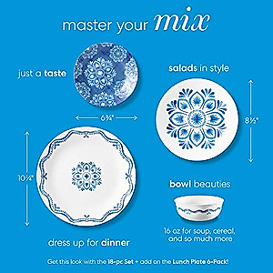 Corelle Vitrelle 18-Piece Service for 6 Dinnerware Set, Triple Layer Glass and Chip Resistant, Lightweight Round Plates and Bowls Set, Lisbon Terrace