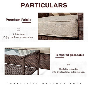 SUNCROWN 4-Piece Outdoor Patio Furniture Conversation Set Rattan Wicker Chairs and Glass Top Table All-Weather and Thick Cushions - Brown