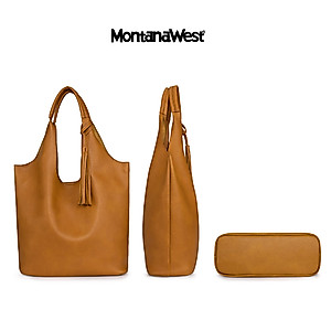 Montana West Hobo Purses and Handbags for Women Vegan Leather Shoulder Bag Top Handle Purse Set 2 pcs with Tassel MWC2-079BR