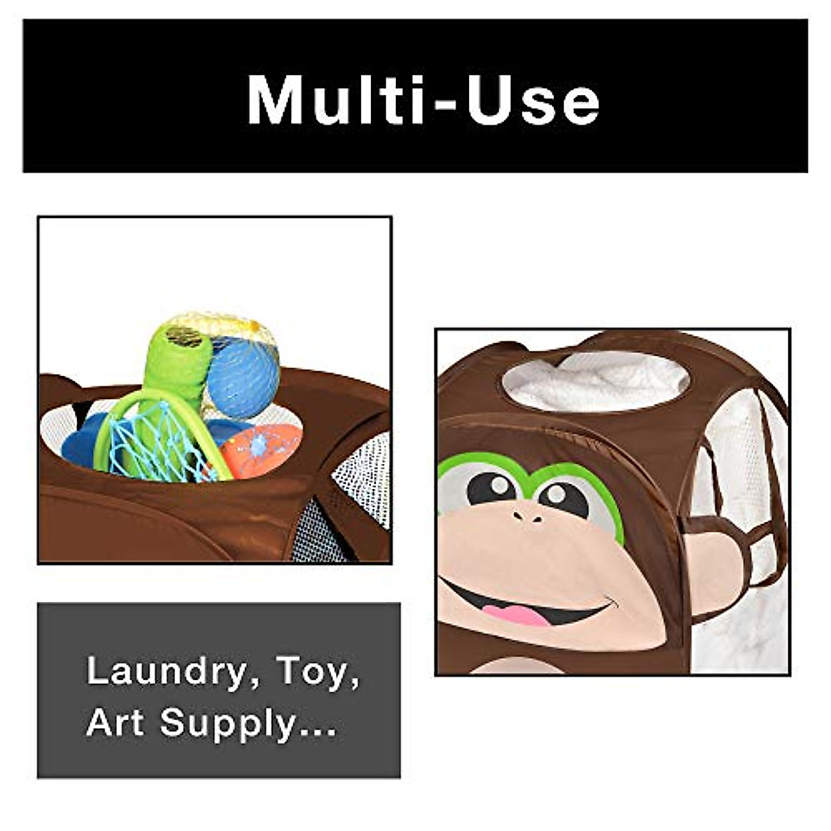 Smart Design Kids Pop Up Organizer with Animal Print - VentilAir Mesh Netting - for Toddlers, Baby Clothes, Plushies, and Toys - Home Organization - Hamper - 13 x 21 Inch - Brown Monkey