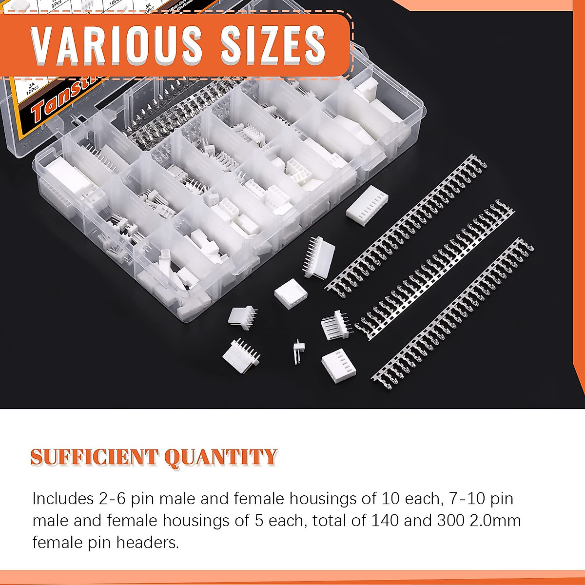Tanstic 440Pcs 2.54mm KF2510 Connector Kit Including 140Pcs 2.0mm Pitch 2/3/4/5/6/7/8/9/10 Pin Female and Male Housing Connector Adapter Plug and 300Pcs 2.0mm Pin Headers Terminals