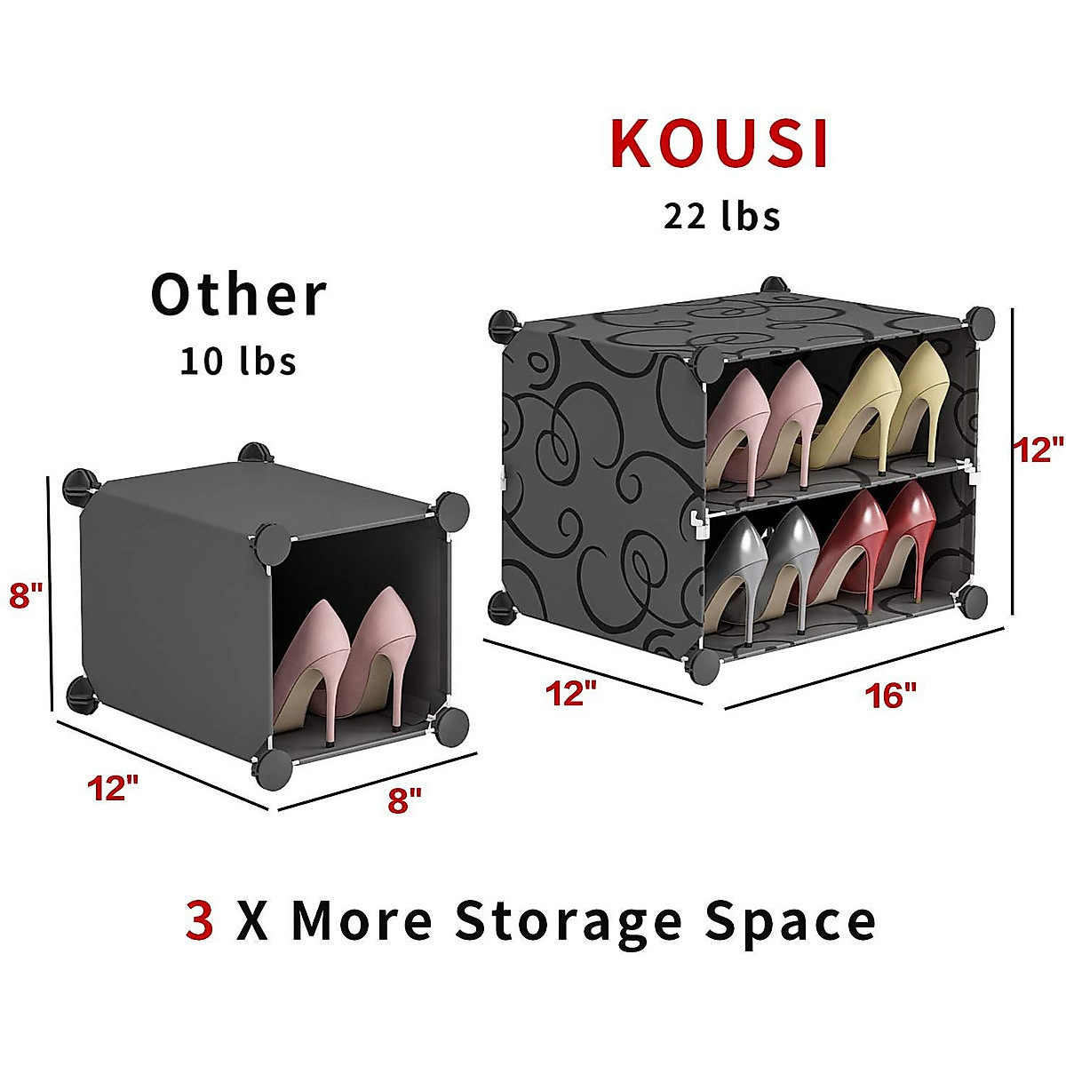 KOUSI 6 x 8-Tier Shoe Rack Shoe Tower Storage Cabinet Shoe Organizer Storage Organizer Modular Shoe Cabinet with Doors, Black