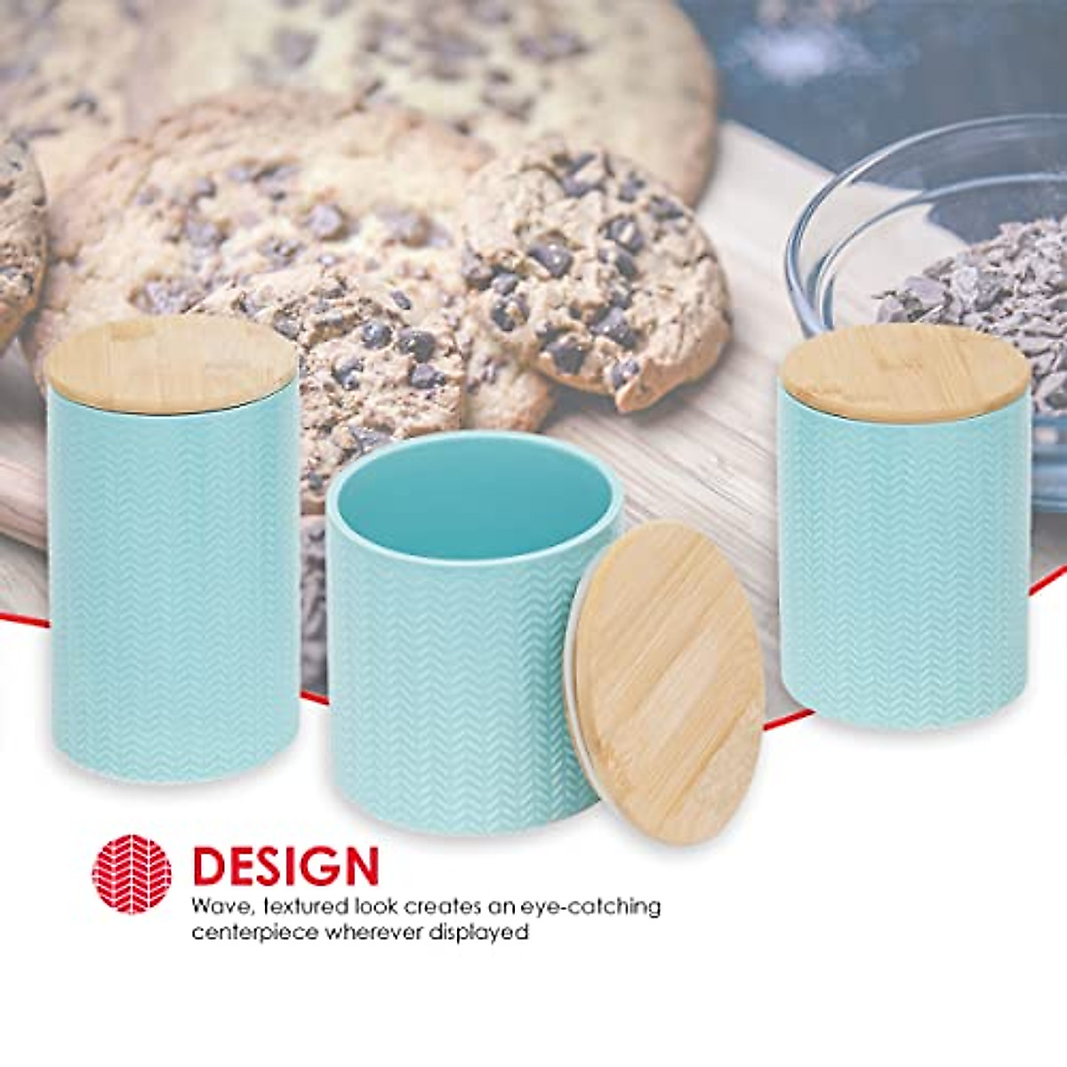 Home Basics Wave 3 Piece Ceramic Canister Set With Bamboo Tops, Turquoise