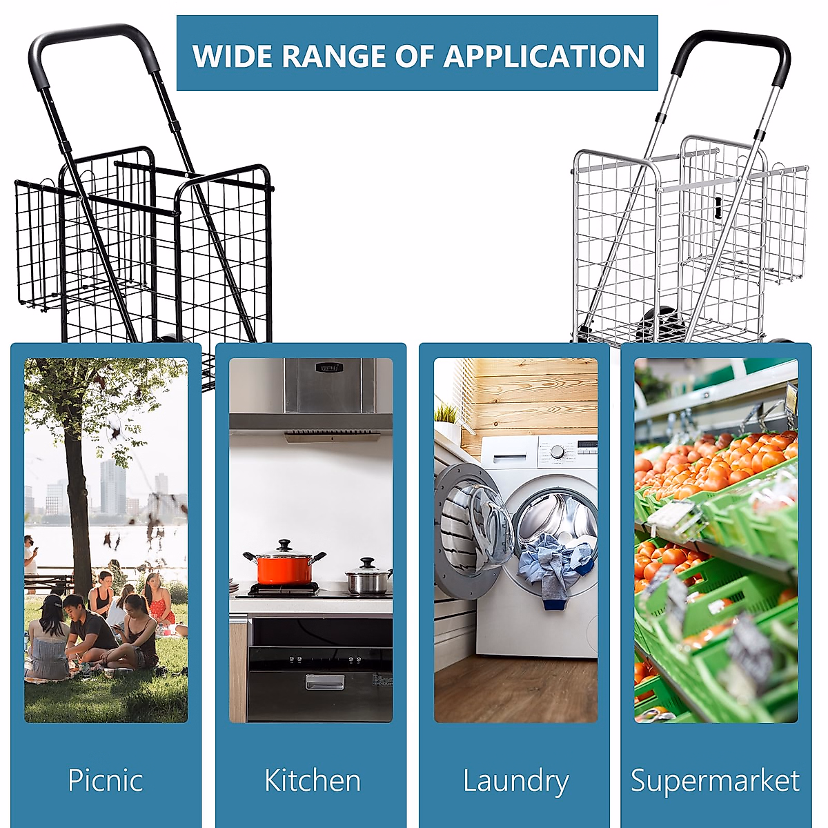 IRONMAX Grocery Shopping Cart, Foldable Heavy Duty Utility Cart w/Adjustable Handle, Extra Basket & 360° Rolling Swivel Wheels, Lightweight Trolley Cart for Grocery Laundry Luggage (Black)