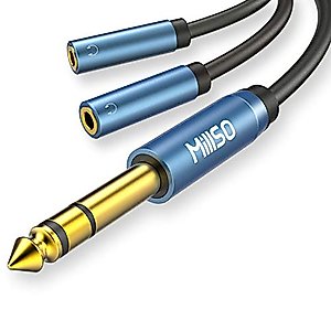 MillSO 6.35mm 1/4 Male to Dual 3.5mm 1/8 Female Headphone Adapter, TRS Stereo Sapphire Blue & Gold-Plated Audio Splitter for Amplifiers, Guitar Amp, Keyboard Piano, Home Theater, Mixer - 12 inch