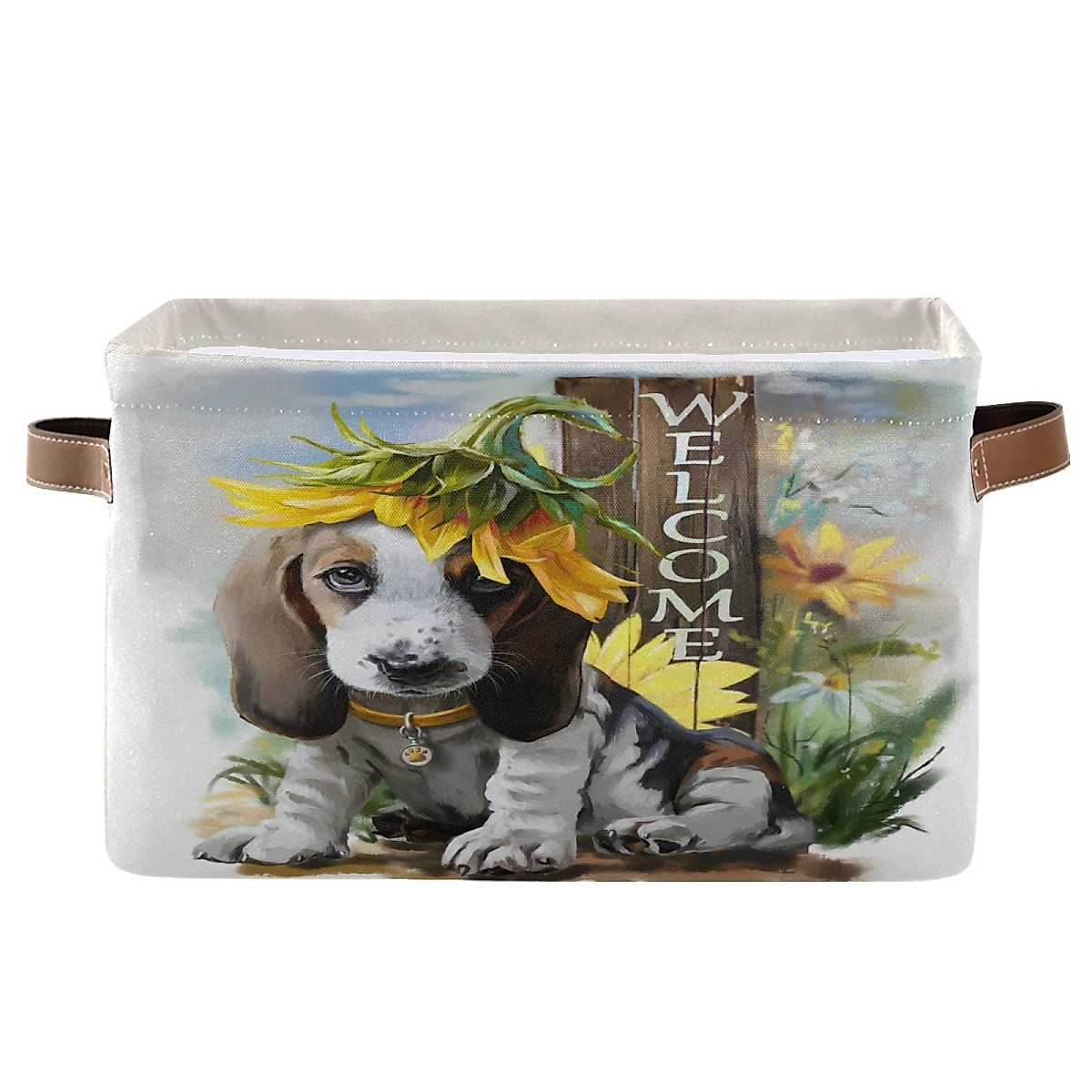 ALAZA Decorative Basket Rectangular Storage Bin, Welcome Sunny The Beagle Organizer Basket with Leather Handles for Home Office