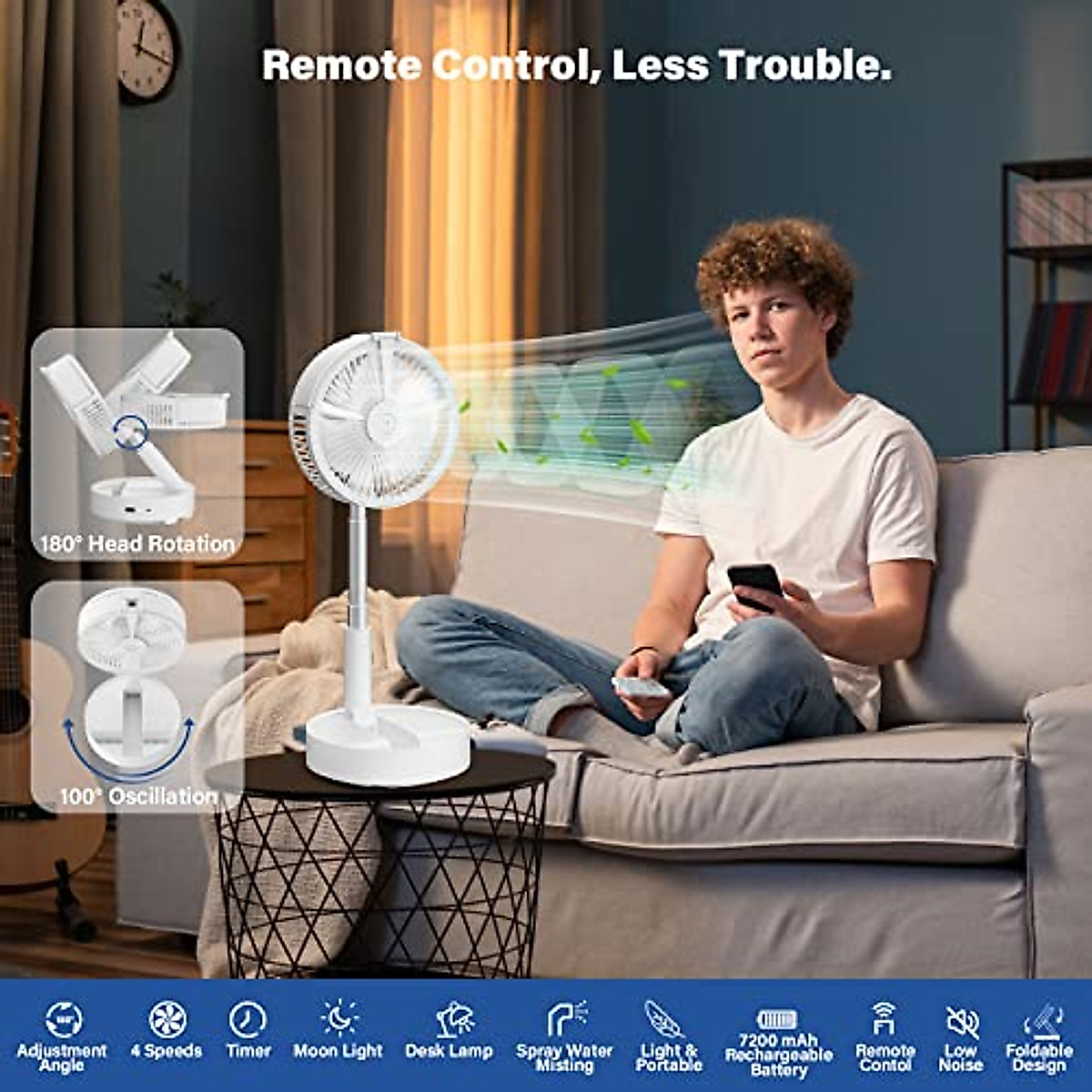 Portable Oscillating Standing Fan with Remote Control Light, Rechargeable Fan Small Desk Fan with Misting Timer 4 Speeds 7200mAh Folding Quiet USB Fan Personal Floor Fan Pedestal Fans for Home Bedroom