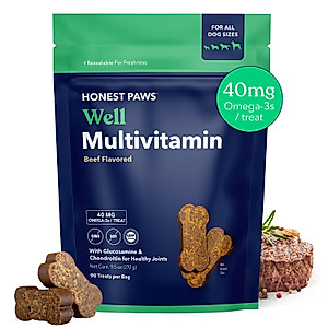 Honest Paws Dog Multivitamin Soft Chews - Joint Flexibility Mobility Support - Soft Shiny Healthy Coat - Immune, Eye, Heart Support - Glucosamine & Chondroitin, Omega-3 Fatty Acids - Beef Flavor