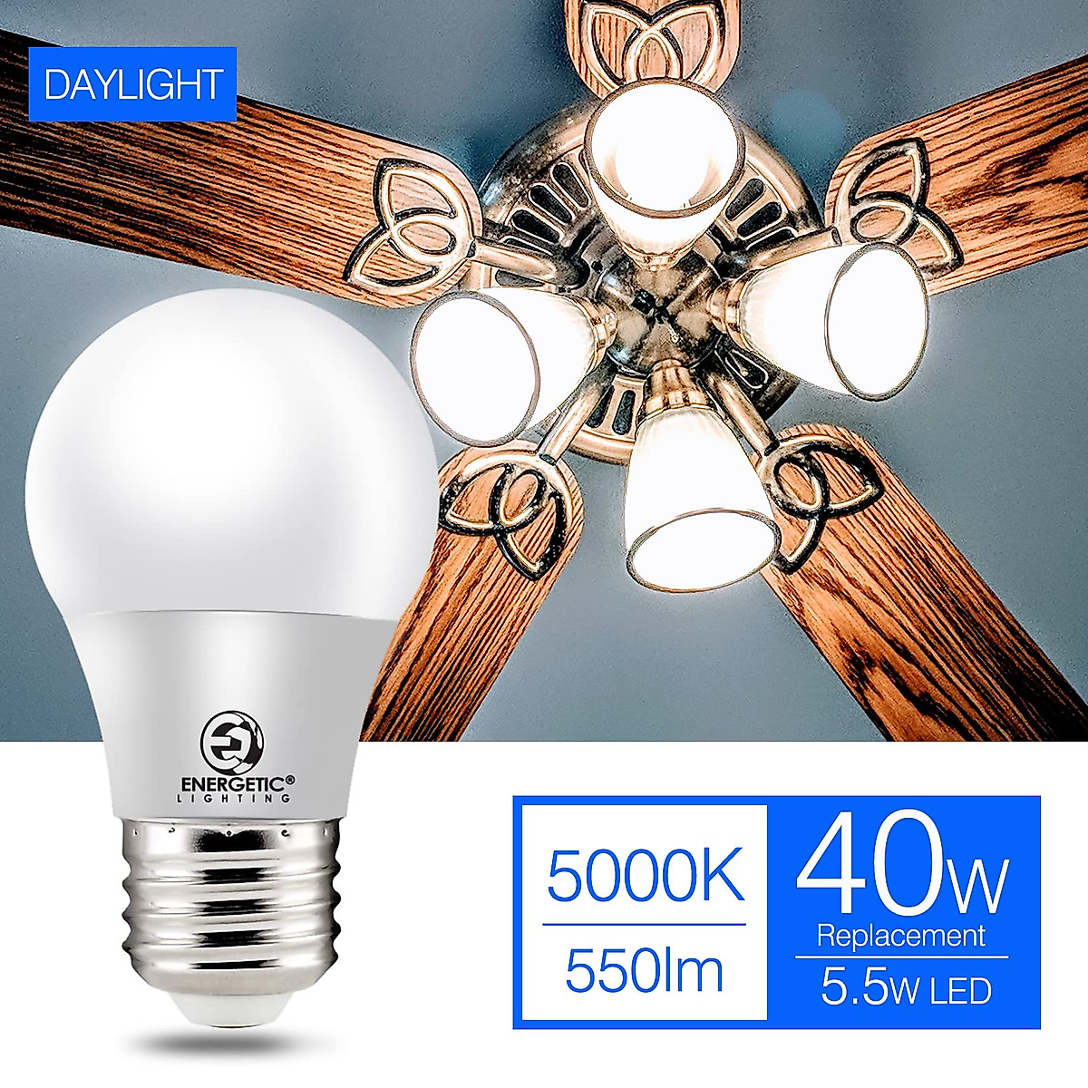 Energetic A15 Refrigerator Bulbs 40 Watts Equivalent (5.5W), LED Appliance Dimmable Light Bulbs, Daylight 5000K, E26 Base, UL Listed, 6 Packs