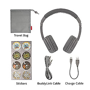 BuddyPhones Play+, Wireless Bluetooth Volume-Limiting Kids Headphones, 20-Hours Battery Life, 3 Volume Settings, Voice Enhancing StudyMode, Answer/Playback Button, BuddyLink Cable, Grey Matter