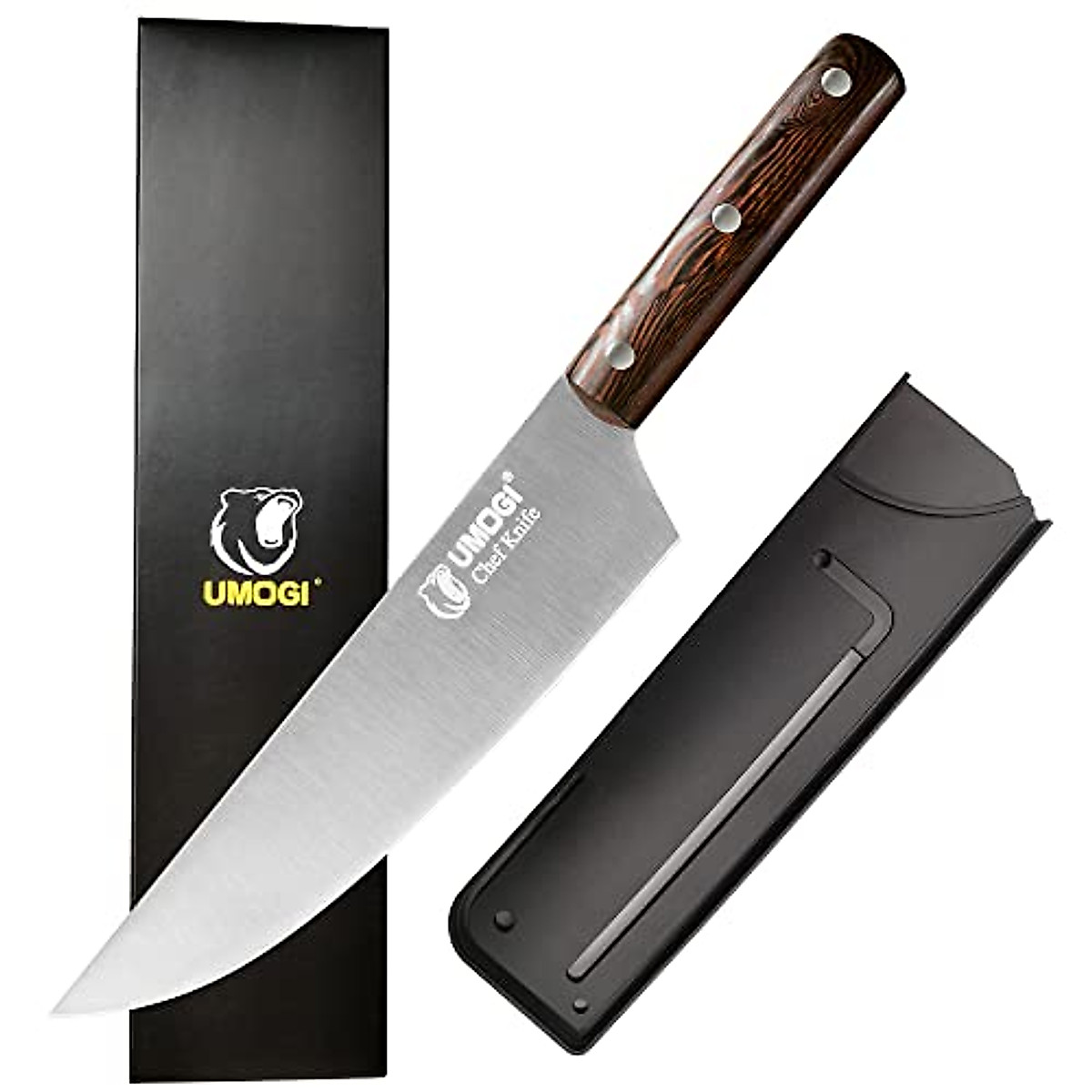UMOGI Premium 8 Inch Chef’s Knife with sheath - German High Carbon Stainless Steel - Full Tang Natural Wooden Handle Ergonomic Grip,Ultra Sharp - Best for Slicing Meats Roasts Vegetable & Fruits