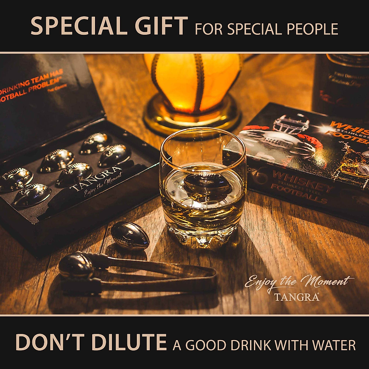 Whisky Stones Stainless Steel Footballs Set of 6 in a Luxury Box. Reusable Chilling Rocks Stone Ice Cubes Beer, Wine Chillers. Cool Birthday Gift Sets for Him Man Father's day Dad or Rugby Sports Fan.