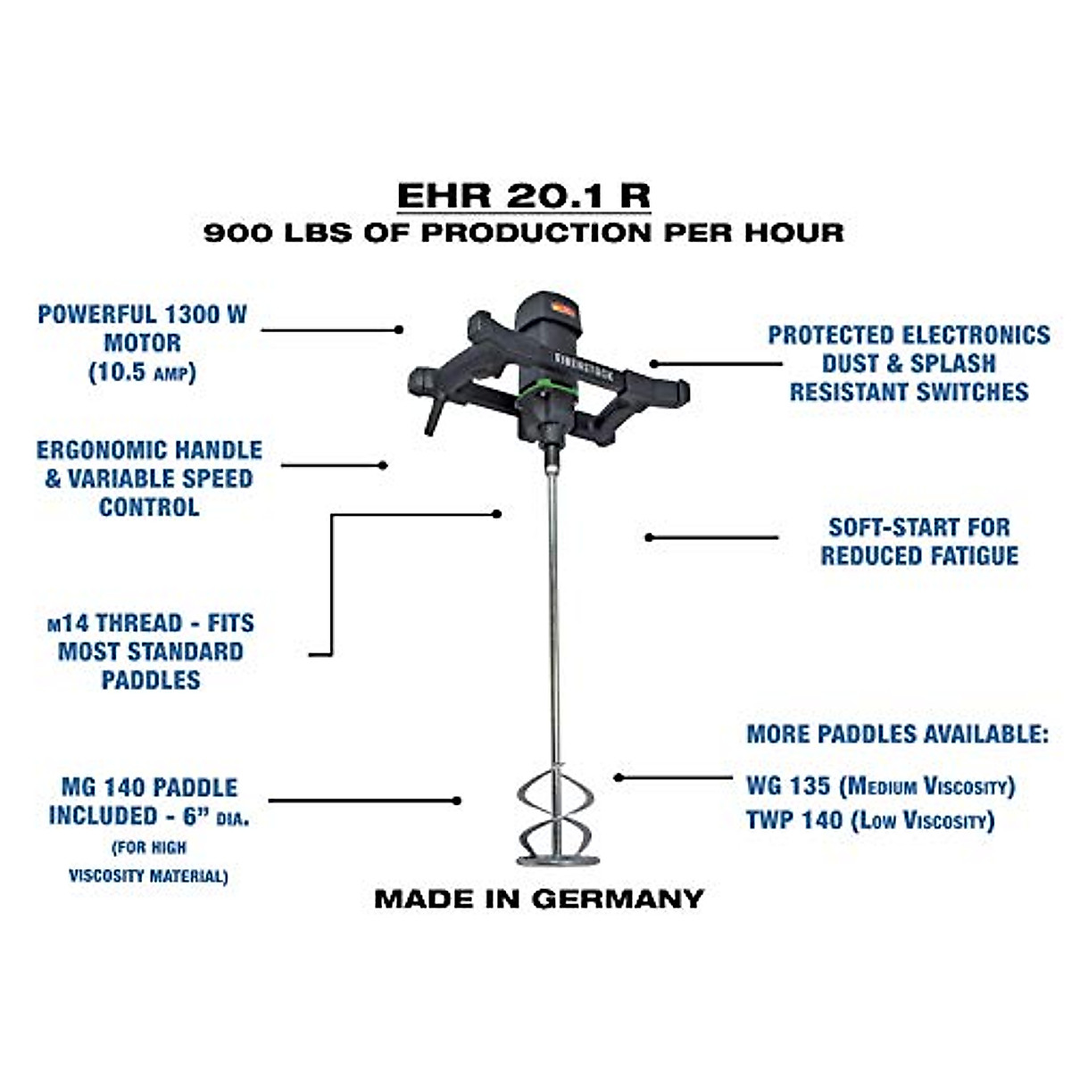 CS Unitec EHR 20.1 R Set Portable Hand-Held Electric Concrete Mixer Including MG 140 Paddle, 10.5 Amp, 110 VAC, 900 lb. per Hour