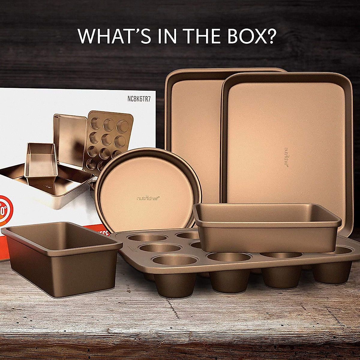 NutriChef Kitchen Oven Non Stick Carbon Steel Tray Sheet 6 Piece Bakeware Set with Cookie Tray, Cake Pan, Muffin Pan, and Bread Loaf Pan Gold (2 Pack)