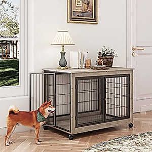 IchbinGo Dog Crate Furniture, Wooden Dog Crate Table, 38.5" Dog Kennel with 3 Doors, Flip-up Top Opening and Wheels, Decorative Pet Crate Dog House for Large/Medium/Small Dog Indoor Use (Rustic Grey)